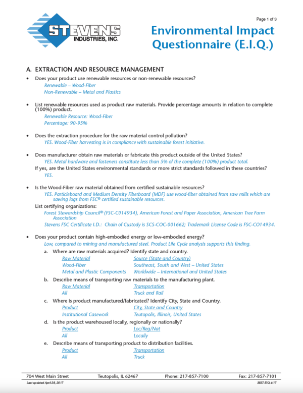 STEVENSWOOD® Impact Analysis | Environmental Questionnaire