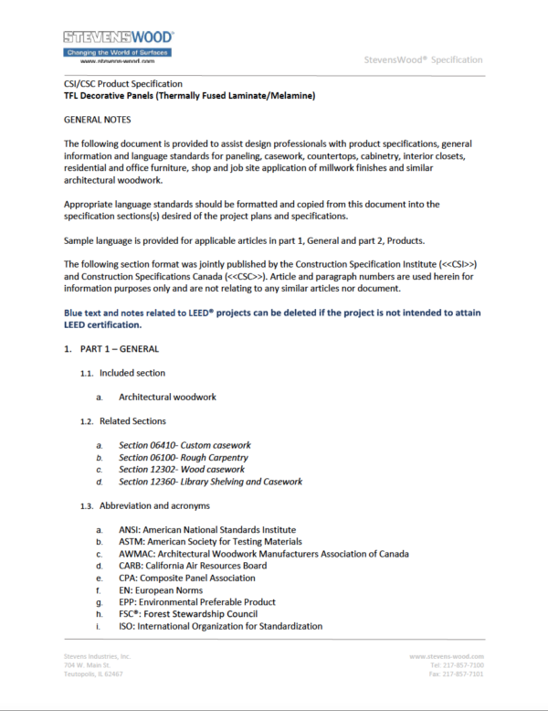STEVENSWOOD® TFL Panels | Detailed Specification Guide