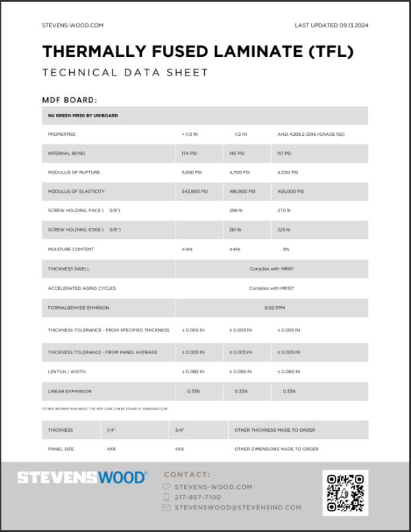 STEVENSWOOD® MDF Technical Data Sheet | Thermally Fused Laminate Panels MDF