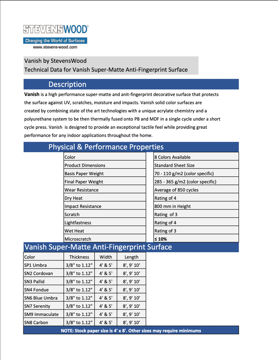 Vanish Collection Technical Data Sheet | STEVENSWOOD® Detailed Product ...